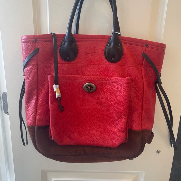 Coach | Bags | Coach Tall Tote In Red Pebble Leather With Brown Suede ...